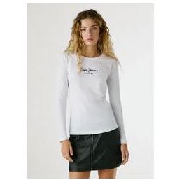 Langarmshirt Pepe Jeans "NEW VIRGINA L/S", Damen, Gr. L/40, weiß (weiß 800), Single Jersey, Obermaterial: 95% Baumwolle, 5% Elasthan, bedruckt, figurbetont hüftlang, Rundhals, Shirts, mit Logo-Print