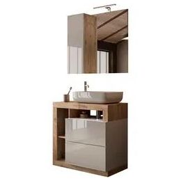 Badmöbel-Set Welltime "Hamburg, Badezimmerset 2tlg. Breite 79 cm, Badmöbel, Waschtisch inkl.", braun (weiß, eiche cadiz nb), B:79cm H:190cm T:49cm, Kastenmöbel-Sets, Waschbecken, Spiegelschrank mit LED Aufbauleuchte, Soft-Close-Funktion