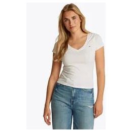 Kurzarmshirt Tommy Jeans "TJW SLIM V-NECK TEE", Damen, Gr. L (40), beige (ecru), Single Jersey, Obermaterial: 100% Baumwolle, unifarben, slim fit hüftlang, V-Ausschnitt, abgesteppt, Shirts, mit Logo-Stickerei