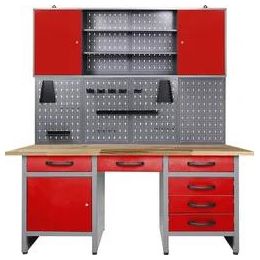 Werkstatt-Set ONDIS24 "Harry", rot (rot, grau), B:160cm H:205cm T:60cm, Metall, Werkbänke, höhenverstellbar, inkl. 22-tlg. Hakenset