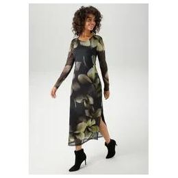 Maxikleid Aniston CASUAL, Damen, Gr. 36, N-Gr, schwarz (schwarz, sand, lindgrün, moosgrün, grün, dunkelgrün, taupe, flieder, dunkelbraun, braun), Mesh, Obermaterial: 95% Polyester, 5% Elasthan. Futter: 100% Polyester, geblümt, figurumspielend knöchelfrei, Rundhals, Kleider, mit großflächigen Batik-Blüten bedruckt - NEUE KOLLEKTION