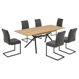Essgruppe OTTO HOME "Vendy, Esstisch ausziehbar plus 6 Freischwinger", naturfarben,, B:44cm H:94cm T:61cm, ABS-Kunststoff, FSC-zertifizierter Holzwerkstoff, Melamin, Metall, Polywood, Sitzmöbel-Sets, pflegeleichte Strukturstoff-Stühle, 3D-Steppung, ausziehbarer Tisch