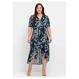 Sommerkleid sheego "Abendkleid", Damen, Gr. 50, Normalgrößen, blau (nachtblau, gemustert), 100% Polyester, geblümt, gemustert, mehrfarbig, lang, V-Ausschnitt, Kleider