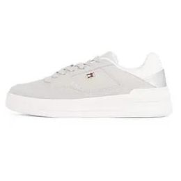Plateausneaker Tommy Hilfiger "ESSENT BASKET SNEAKER METALLIC", Damen, Gr. 37, weiß (hellgrau, weiß), Leder, Lederimitat, Textil, Schuhe, Freizeitschuh, Halbschuh, Schnürschuh mit seitlicher Logoflagge