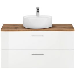 Waschtisch Welltime "Trento in verschiedenen Ausführungen Unterschrank inkl. Waschbecken", weiß (weiß, hochglanz, eiche m. baumkante, weiß hochglanz), B:100cm H:54cm T:45cm, Waschtische, Badmöbel in Breite 100 cm, Waschplatz mit 2 Schubladen, Badschrank