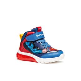 Sneaker Geox "J CIBERDRON BOY Superman Blinkschuh", Mädchen, Gr. 31, blau (blau, rot), Mesh, Synthetik, Schuhe, Schnürboots, Blinkschuh mit cooler Blinkfunktion
