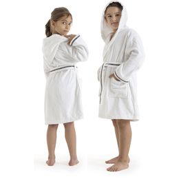 Kinderbademantel Bruno Banani "Danny, Ideal für Zuhause, Schwimmbad oder im Urlaub" Gr. 116, weiß, L:72cm, Walkfrottee, Hausmäntel, mit Logostreifen, aus 100% Baumwolle