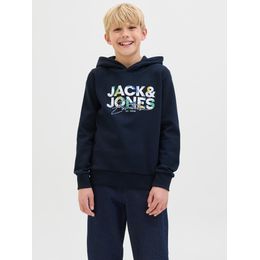 Jack & Jones Kapuzensweatshirt JACK & JONES JUNIOR "JJGEPLAS SWEAT HOOD JNR", Jungen, Gr. 128, blau (sky captain), angeraute Sweatware, Obermaterial: 70% Baumwolle, 30% Polyester, bedruckt, regular fit normal, Rippbündchen, Sweatshirts