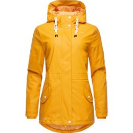 Regenjacke Navahoo "Oceans Heart", Damen, Gr. L (40), gelb, Oberstoff: 70% Polyester, 30% Polyurethan, Futter: 100% Polyester, Wattierung: 100% Polyester, Ärmelfutter: 100% Polyester, figurumspielend Po-bedeckend, Ärmel ohne Ärmelschlitz Rippstrickbündchen mit Knöpfen, Jacken, stylischer wasserdichter Regenmantel mit Kapuze