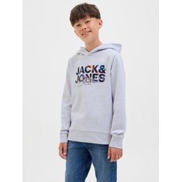Jack & Jones Kapuzensweatshirt JACK & JONES JUNIOR "JJGEPLAS SWEAT HOOD JNR", Jungen, Gr. 128, weiß (weiß melange), angeraute Sweatware, Obermaterial: 70% Baumwolle, 30% Polyester, bedruckt, regular fit normal, Rippbündchen, Sweatshirts