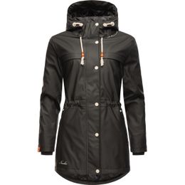 Regenmantel Navahoo "Rainy Forest", Damen, Gr. L (40), schwarz, Obermaterial: 70% Polyester, 30% Polyurethan, Innenfutter: 100% Polyester, Ärmelfutter: 100% Polyester, Wattierung: 100% Polyester, figurumspielend ca. Mitte Oberschenkel, hoch geschlossener Ausschnitt, Ärmel ohne Ärmelschlitz normaler Saum, Mäntel, modischer Damen Outdoor Regenparka