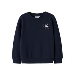 Sweatshirt name it "NMFVASACHA LS NREG SWEAT UNB", Mädchen, Gr. 104, blau (navy blazer print:unicorn), Sweatware, Obermaterial: 100% Baumwolle, bedruckt, regular fit normal, Rundhals, Rippbündchen, Sweatshirts