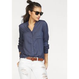 Hemdbluse AJC, Damen, Gr. 38, lila (indigo), Web, Obermaterial: 100% Viskose, figurumspielend hüftbedeckend, V-Ausschnitt, 1-Knopf-Manschette mit Schlitz, Blusen, mit kleinem Stehkragen und Brusttasche