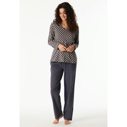 Schlafanzug Schiesser "Comfort Essentials", Damen, Gr. 46, grau (graphit), Single Jersey, Obermaterial: 100% Baumwolle, bequem lang, V-Ausschnitt, Homewear-Sets, V-Ausschnitt, Baumwolle, langärmelig