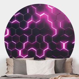 Runde Tapete selbstklebend Strukturierte Hexagone mit Neonlicht in Pink