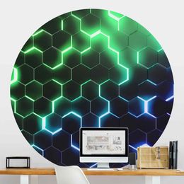 Bilderwelten Runde Tapete selbstklebend Strukturierte Hexagone mit Neonlicht in Gr&uuml;n und Blau