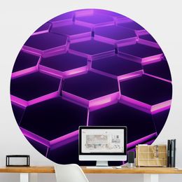 Runde Tapete selbstklebend Hexagone mit Neonlicht in Lila