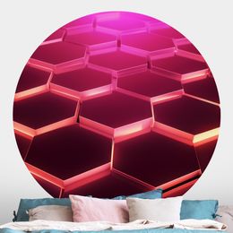 Runde Tapete selbstklebend Hexagone mit Neonlicht in Pink und Rot