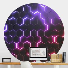 Bilderwelten Runde Tapete selbstklebend Strukturierte Hexagone mit Neonlicht in Rosa und Lila