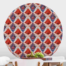 Runde Tapete selbstklebend Gro&szlig;es Ikat Muster Bali rot und blau