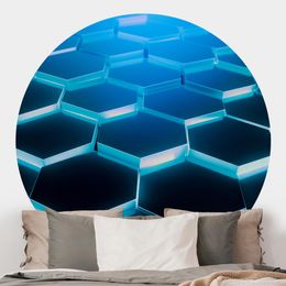 Runde Tapete selbstklebend Hexagone mit Neonlicht in T&uuml;rkis