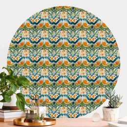 Bilderwelten Runde Tapete selbstklebend Ikat Muster Bali orange und gr&uuml;n