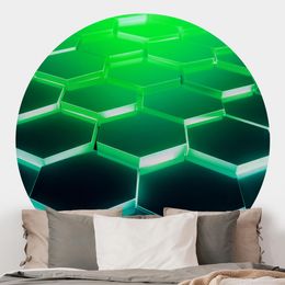 Bilderwelten Runde Tapete selbstklebend Hexagone mit Neonlicht in Grün und Türkis