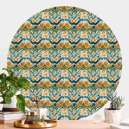 Bilderwelten Runde Tapete selbstklebend Ikat Muster Bali orange und gr&uuml;n