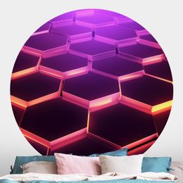 Bilderwelten Runde Tapete selbstklebend Hexagone mit Neonlicht in Rosa und Lila