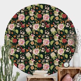 Bilderwelten Runde Tapete selbstklebend Illustriertes Blumen Chinoiserie Muster auf Dunkelgr&uuml;n