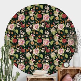 Bilderwelten Runde Tapete selbstklebend Illustriertes Blumen Chinoiserie Muster auf Dunkelgr&uuml;n