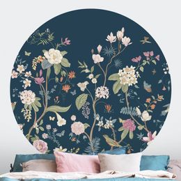 Bilderwelten Runde Tapete selbstklebend Illustrierte Blumen Chinoiserie auf Dunkelblau