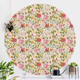 Bilderwelten Runde Tapete selbstklebend Illustriertes Blumen Chinoiserie Muster auf Gelb