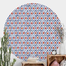 Bilderwelten Runde Tapete selbstklebend Ikat Muster Mexiko rot und blau