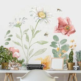 Runde Tapete selbstklebend Aquarell Blumenwiese mit Bienen