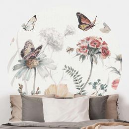 Bilderwelten Runde Tapete selbstklebend Aquarell Blumenwiese mit Schmetterlingen
