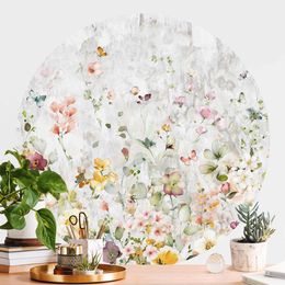 Bilderwelten Runde Tapete selbstklebend Aquarell Bl&uuml;ten auf wei&szlig;er Shabby Betonwand