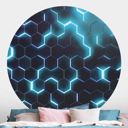 Bilderwelten Runde Tapete selbstklebend Strukturierte Hexagone mit Neonlicht in T&uuml;rkis