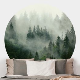 Bilderwelten Runde Tapete selbstklebend Tiefgr&uuml;ner Tannenwald im Nebel