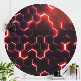 Bilderwelten Runde Tapete selbstklebend Strukturierte Hexagone mit Neonlicht in Rot