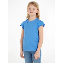 T-Shirt Tommy Hilfiger "ESSENTIAL RUFFLE SLEEVE TOP", Baby, Gr. 74, blau (blau spell), Single Jersey, Obermaterial: 60% Baumwolle, 40% Polyester, unifarben, Basic, regular fit, Rundhals, Puffärmel gewellter Abschluss, Shirts, mit gewelltem Ärmelabschluss