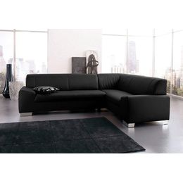 Ecksofa DOMO collection "Alisson, zeitlose Optik, flache Armlehnen, L-Form", schwarz, B:249cm H:75cm T:181cm, Microfaser aus 100% Polyester;Softlux, das pflegeleichte Kunstleder aus 80% PVC, 18% Polyester und 2% Polyurethan;Strukturstoff aus 90% Polyester und 10% Polyacryl, Sofas, Ecksofa, fester Sitzkomfort, wahlweise mit Bettfunktion