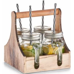 Gläser-Set zeller PRESENT, braun (transparent, holzfarben, silberfarben), 450ml, 5 Stk., Glas, Holz, Metall, Trinkgefäße, in praktischer Holzkiste zum Tragen
