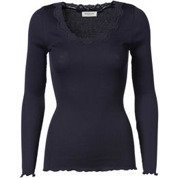 Langarmshirt rosemunde "Babette Silk Blouse", Damen, Gr. XS, blau (schwarz navy), Feinripp, Obermaterial: 70% Seide, 30% Baumwolle, unifarben, schmal hüftbedeckend, Rundhals, gewellter Abschluss, Shirts, Langarm, mit Spitze, feminin, bequem, Seide- /Baumwollmischung