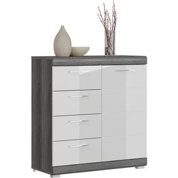 Kommode Inosign "SIENA, Breite 80 cm, 1 Tür, 2 Einlegeböden, 3 Fächer, 4 Schubkästen", grau (front: weiß hochglanz tz, korpus: rauchsilber nb, absetzung: rauchsilber nb), B:80cm H:85cm T:37cm, FSC-zertifizierter Holzwerkstoff, Sideboards, Schuhkommode, Schuhschrank, Anrichte, Sideboard