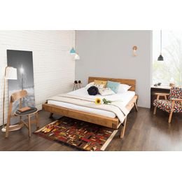 Massivholzbett Salesfever "Eik Naturbelassenes Bett", beige (natur, holzfarben, natur, braun, holzfarben, natur, braun, schwarz), B:158cm H:90cm L:218cm, 100% Fichtenholz massiv, Betten, Urige Eleganz trifft moderne Formen - Unikat-Balkenbett