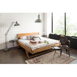 Massivholzbett Salesfever "Eik: Elegantes Bett aus Massivholz", beige (natur), B:158cm H:90cm L:218cm, 100% Fichtenholz massiv, Betten, Massivholzbett, Tradition trifft Moderne: Unikates Balkenbett mit Y-F&uuml;&szlig;en