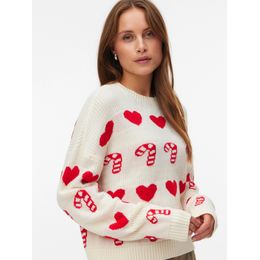 Véro Moda Weihnachtspullover VERO MODA "VMCANDYHEARTS LS O-NECK PULLOVER XMAS", Damen, Gr. L, birch detail:with chinese rot, Strick, Obermaterial: 100% Polyacryl, gemustert, Rundhals, Pullover