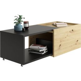 Couchtisch FMD "Slide", artisan eiche, schwarz perl, artisan eiche, schwarz perl, artisan eiche, schwarz perl, B:70cm H:38cm T:49,5cm, Tische, flexibel ausziehbar, mit Rollen, Breite: 70 bis 125 cm