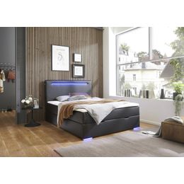 Meise Möbel Boxbett MEISE.MÖBEL "Candela 2", schwarz, B:142cm L:208cm, Kunstleder (Vorderseite: 100% PU, Rückseite: 85% Polyester, 15% Baumwolle), Komplettbetten, Boxspringbett, inkl. LED-Beleuchtung an Kopfteil und Füßen, mit Bettkasten und Topper, Topseller